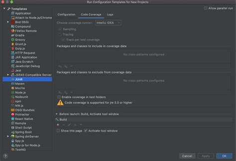 how to default test coverage to tracing when running tests with coverage ides support