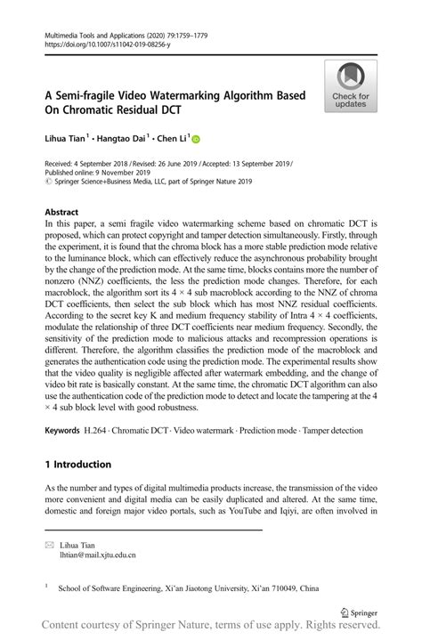a semi fragile video watermarking algorithm based on chromatic residual dct request pdf