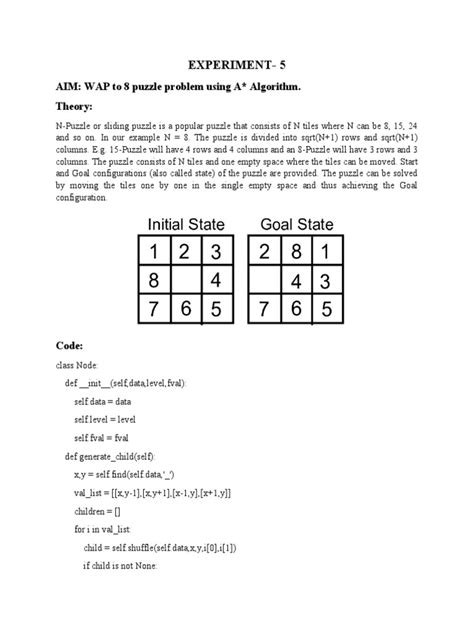 experiment 5 aim wap to 8 puzzle problem using a algorithm theory pdf software
