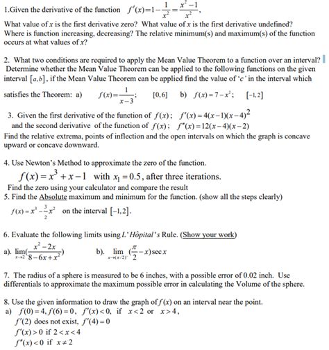 solved 1 given the derivative of the function f x 1 what