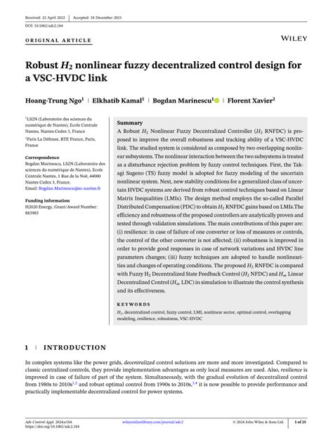 robust h2 {h} 2 nonlinear fuzzy decentralized control design for a vsc‐hvdc link request pdf
