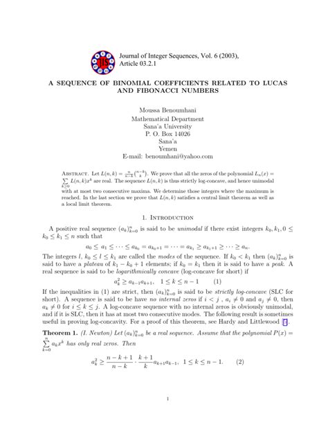 journal of integer sequences vol 6 2003 article 03 2 1