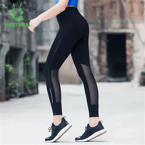 Vansydical Sexy Mesh Patchwork Women Yoga Pants Fitness Sports Leggings High Waist Slim Running