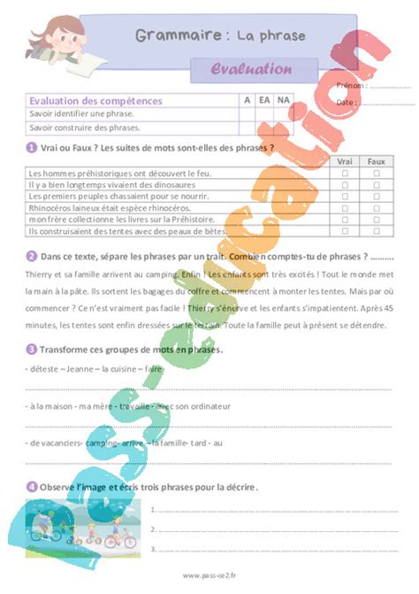 Evaluation La phrase Cycle 3 Bilan et controle corrigé pdf à imprimer