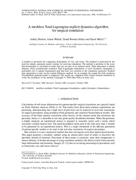 pdf a meshless total lagrangian explicit dynamics algorithm for surgical simulation grand
