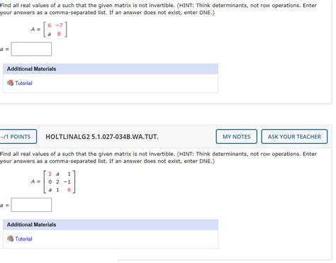 solved find all real values of a such that the given matrix