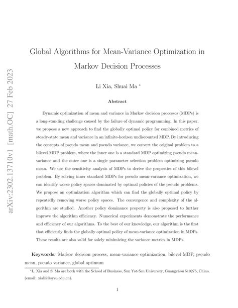 global algorithms for mean variance optimization in markov decision processes deepai