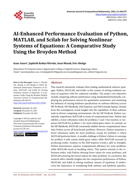 pdf ai enhanced performance evaluation of python matlab and scilab for solving nonlinear