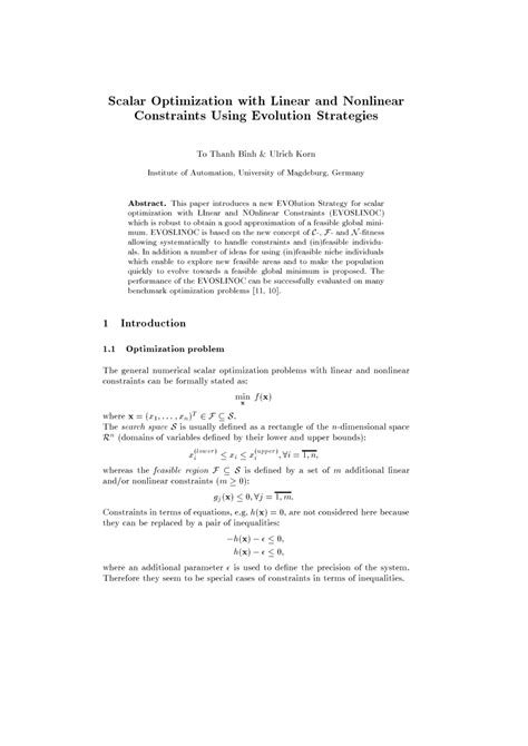 pdf scalar optimization with linear and nonlinear constraints using evolution strategies