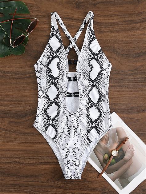 Snakeskin Print O Ring Detail Plunging Neck One Piece Swimsuit SHEIN USA