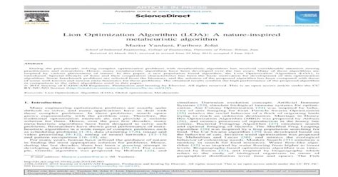 lion optimization algorithm loa a nature inspired · during the past decade solving