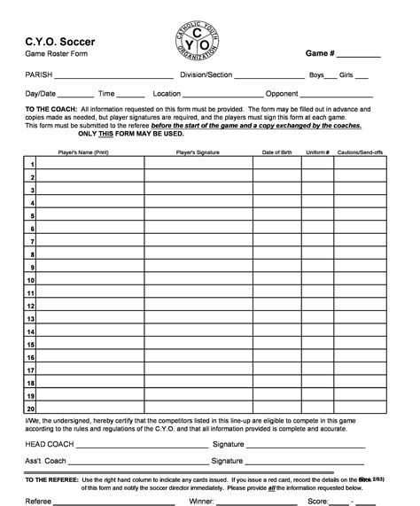 Printable Soccer Lineup Sheet Forms And Templates Fillable Samples