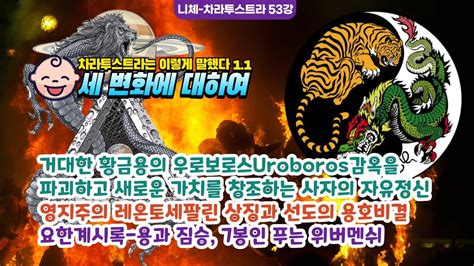 니체 차라투스트라 53 거대한 붉은 용의 기존 가치 우로보로스 감옥 노예상태을 파괴하는 사자의 자유강탈정신 레온토세팔린 용호