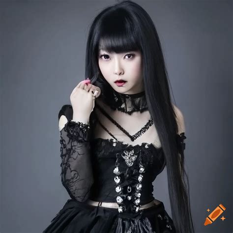 A Gothic Japanese Girl With Long Black Hair Black Lipstick Purple Eyes And Black Gothic