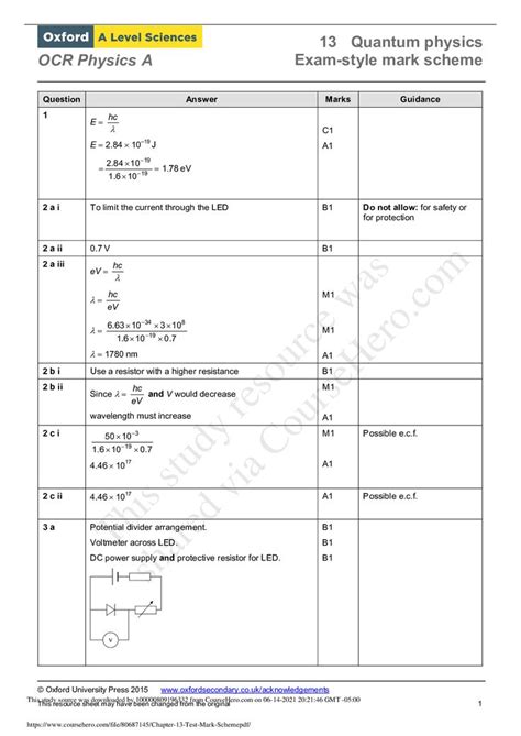 OXFORD A LEVEL Quantum Physics OCR Physics A Exam Style Mark Scheme Quantum Physics Physics