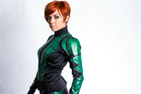 Premium Ai Image Beautiful Redhead In A Green Superhero Costume On A White Background