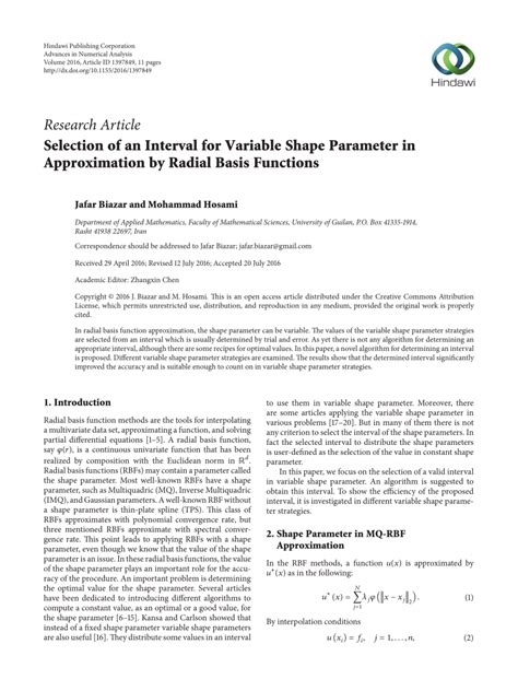 pdf selection of an interval for variable shape parameter in approximation by radial basis