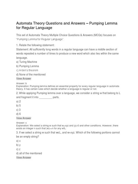automata theory questions and answers pumping lemma for regular language pdf string
