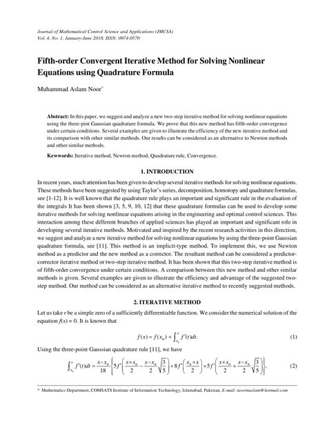 pdf fifth order convergent iterative method for solving nonlinear equations using quadrature