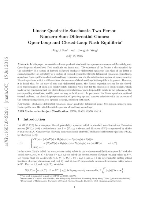 pdf linear quadratic stochastic two person nonzero sum differential games open loop and