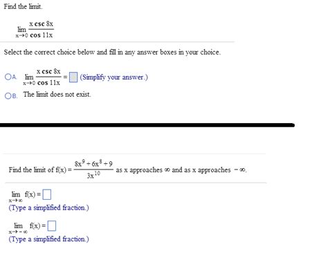 solved find the limit lim x rightarrow 0 x csc 8x cos