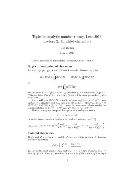 topics in analytic number theory lent 2013 lecture 2 dirichlet characters pdf integral