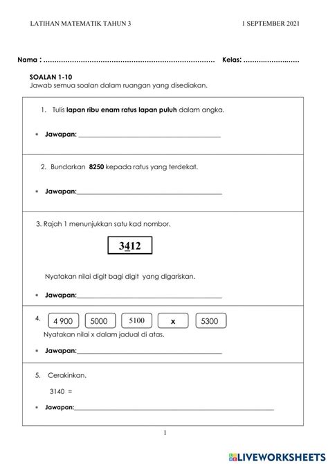 Latihan Matematik Tahun 3 Online Worksheet