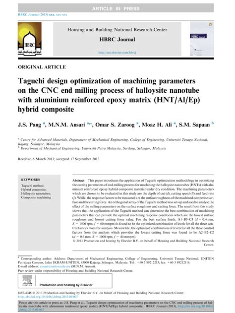 pdf taguchi design optimization of machining parameters on the cnc end milling process of