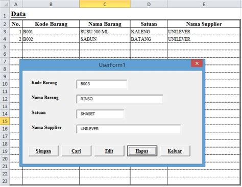 cara edit dan hapus data dalam database tabel microsoft excell dengan pemograman vba