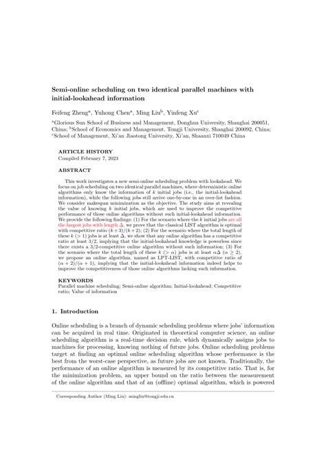 pdf semi online scheduling on two identical parallel machines with initial lookahead information