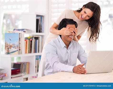 Shes Full Of Nice Surprises A Loving Wife Surprising Her Husband From Behind While Hes Using A