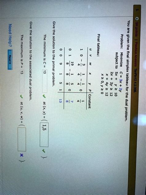 solved you are final tableau prelern the anal sbjecte 4 5 0 slmplex tableau { n n n 66