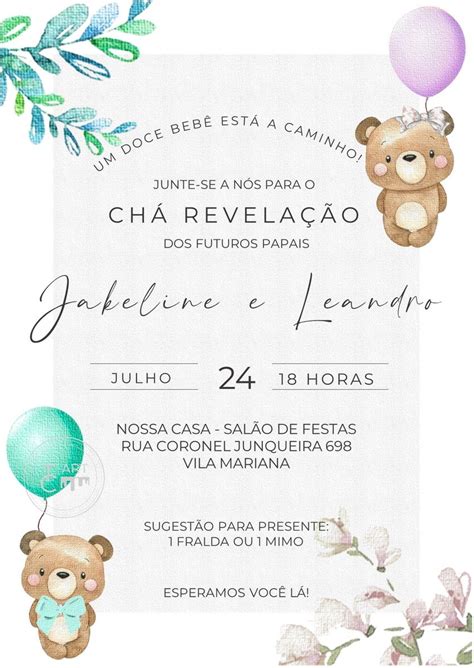 Convite Digital Ch Revela O Ursinho Verde E Lil S Elo Ch De