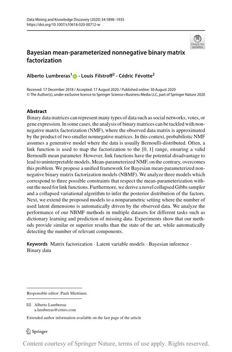 bayesian mean parameterized nonnegative binary matrix factorization request pdf