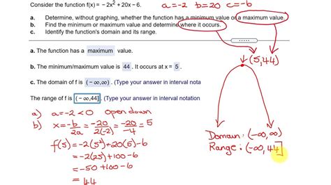 mymathlab min max value of quadratic function domain and range f x 2x 2 20x 6 youtube