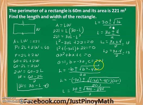the perimeter of a rectangle is 60m and it s area is 221m 2 find the length and width of the