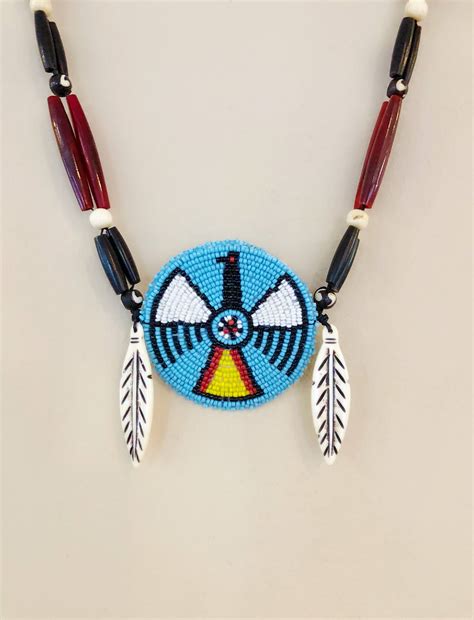 Beaded Thunderbird Medallion Necklace Buffalo Bone Carved Feathers Native American Sage