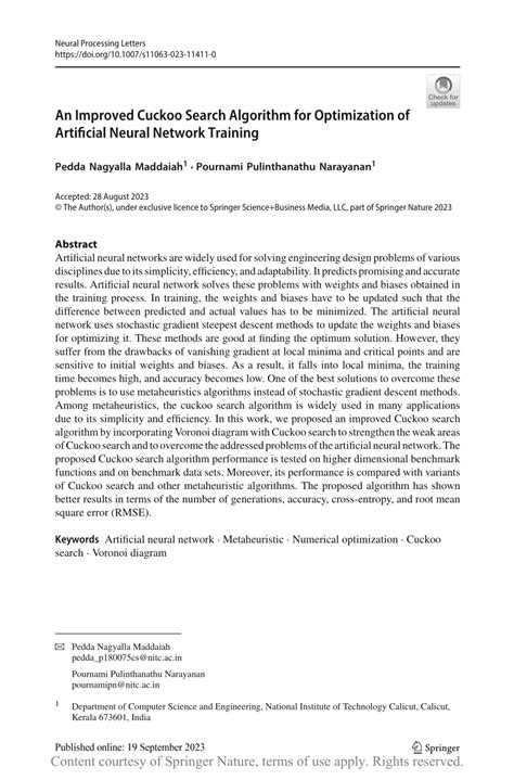 an improved cuckoo search algorithm for optimization of artificial neural network training