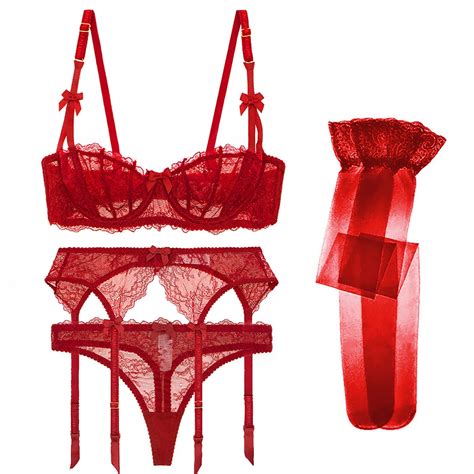 Uhndy Womens Sexy Solid Demi Cup Bra Thongs Garters Stocking Lingerie Set Red 36a