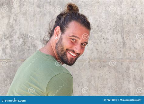 Smiling Man With Beard Looking Over Shoulder Stock Image Image Of