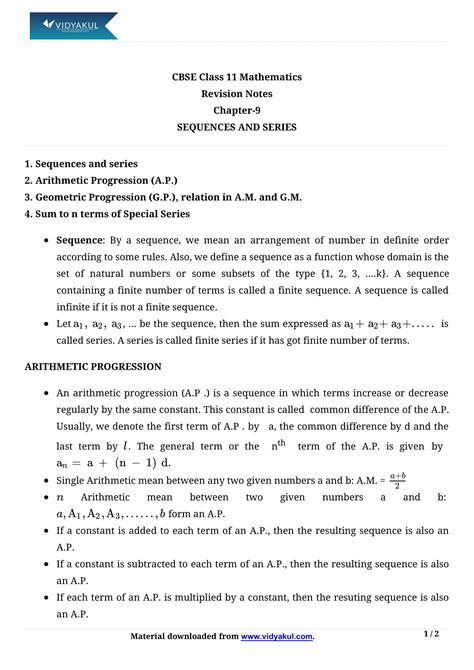 class 11th math sequences and series formulas cbse 2023