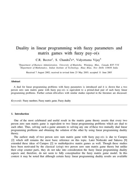 pdf duality in linear programming with fuzzy parameters and fuzzy payoffs
