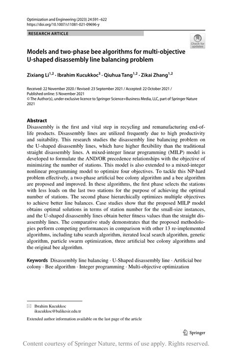 models and two phase bee algorithms for multi objective u shaped disassembly line balancing