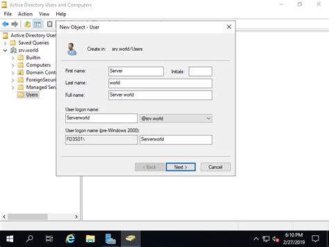 Windows Server 2019 Active Directory Add User Accounts Server World