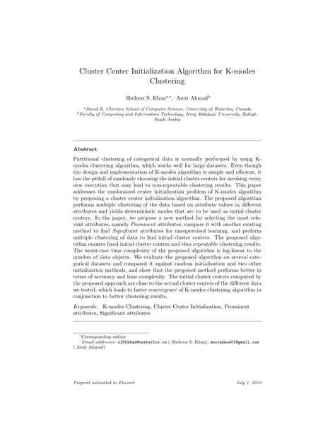 pdf cluster center initialization algorithm for k modes clustering