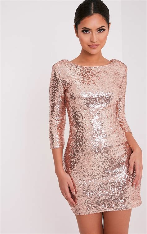 Eida Rose Gold Sequin Bodycon Dress Dresses Prettylittlething