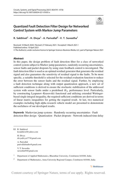 quantized fault detection filter design for networked control system with markov jump parameters