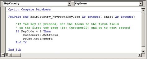 ms access 2003 set focus on first text box on first tab page and go to next record
