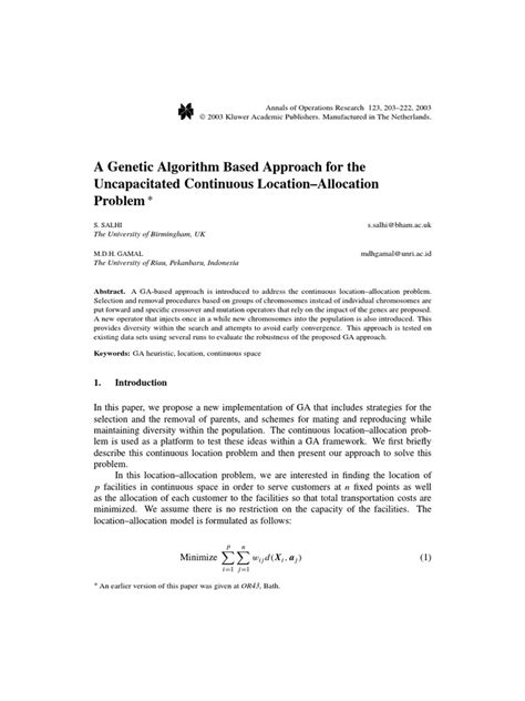 a genetic algorithm based approach for the uncapacitated continuous location allocation problem