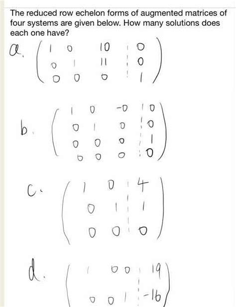 solved the reduced row echelon forms of augmented matrices